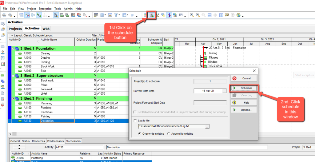 A Sample Construction Schedule in Primavera P6 - projectcubicle